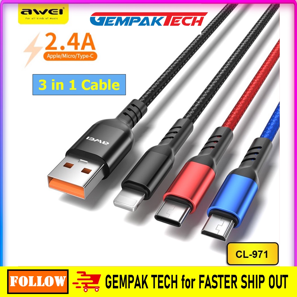 AWEI CL-971 3 in 1 USB Cable for Micro / IP / Type-C ( 2.4A ) 1200mm ...