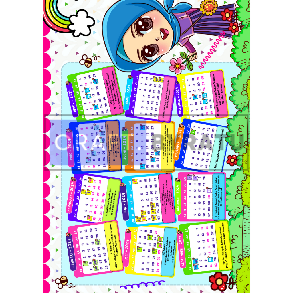 Wall Kalendar 2024 A4 Saiz | Calendar 2024 A4 Size | Wall Calendar 2024 ...