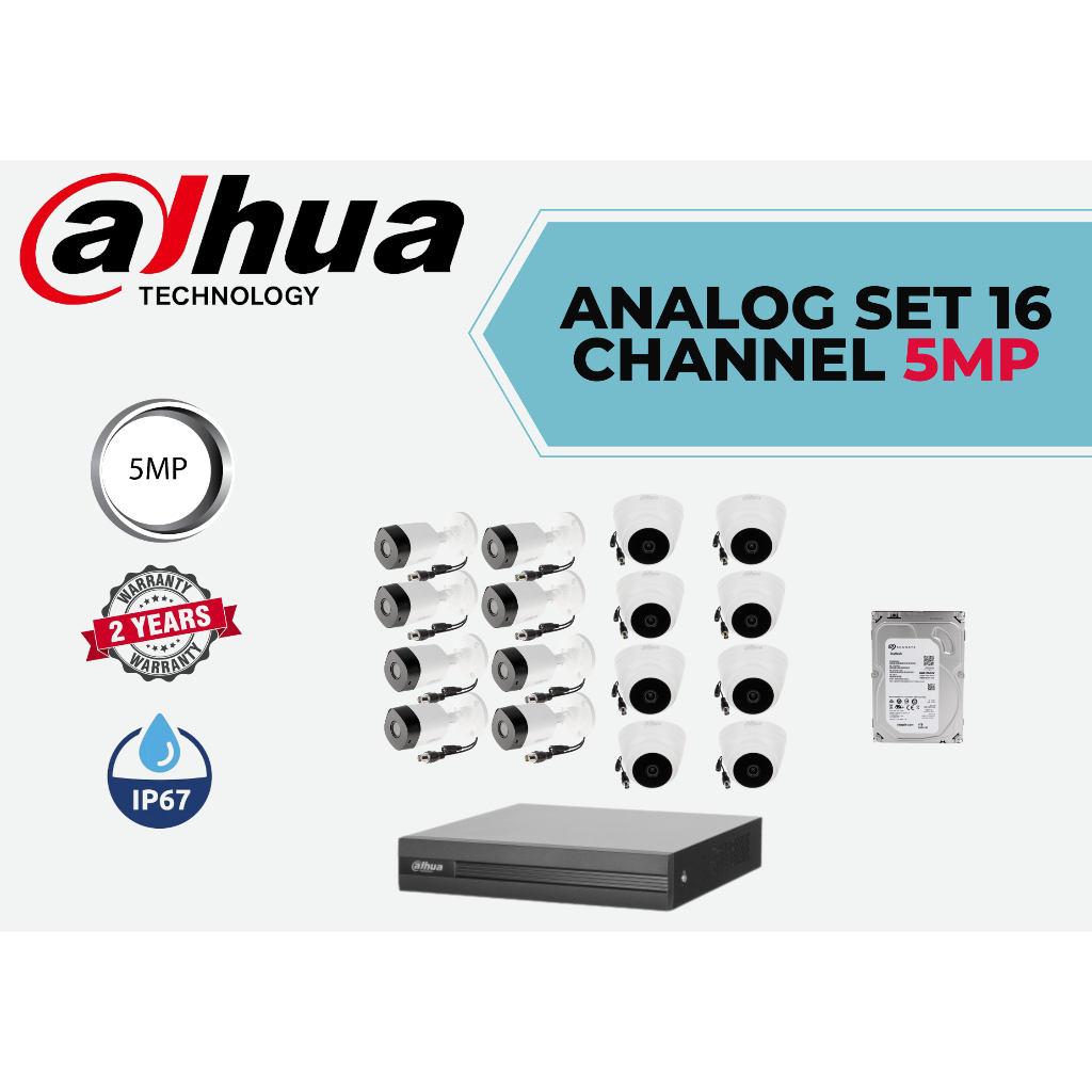 DAHUA CCTV Set 16 Channel Full HD 1920P 5MP-8MP Set With Hardisk XVR5216AN-4KL-I2/HAC-T1A51/HAC ...