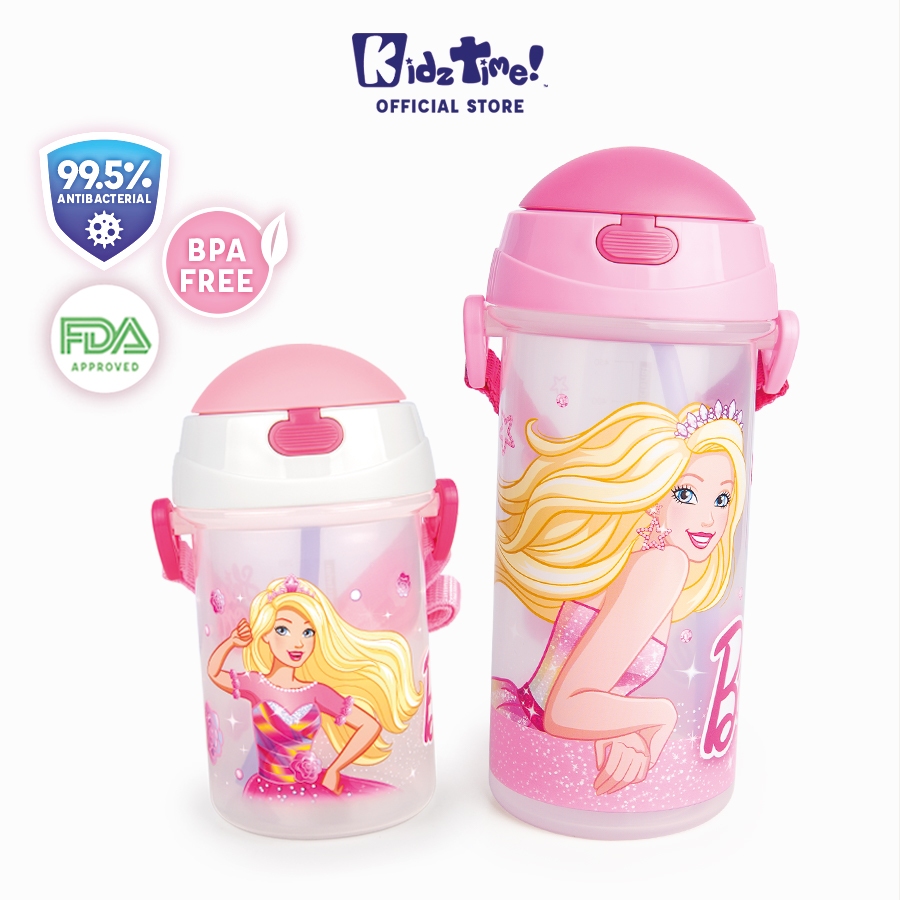Kidztime x Barbie Kids Toddler BPA Free Chilren Water Bottle with Straw + Strap 380ml & 550ml ...