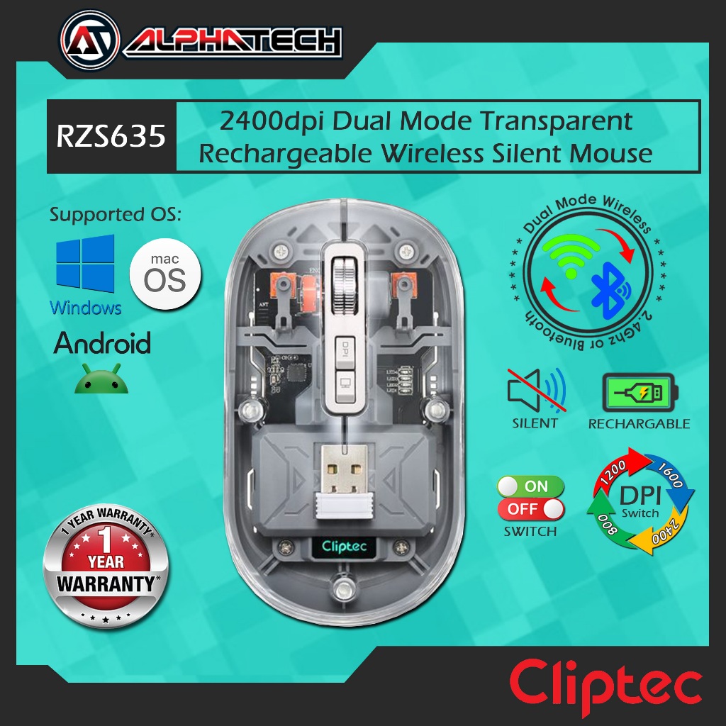 CLiPtec RZS635 Dual Mode Transparent Rechargeable Silent Wireless Mouse ...