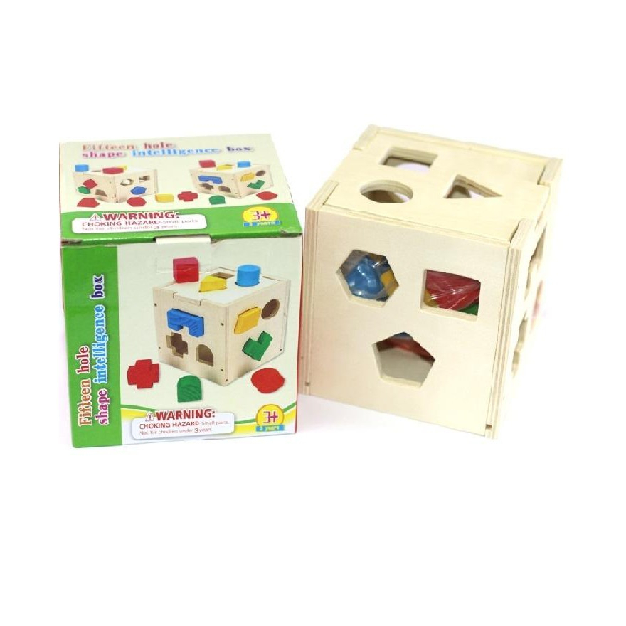 Wooden Geometric Shape Building Block 15 Hole Matching Intelligence Box ...