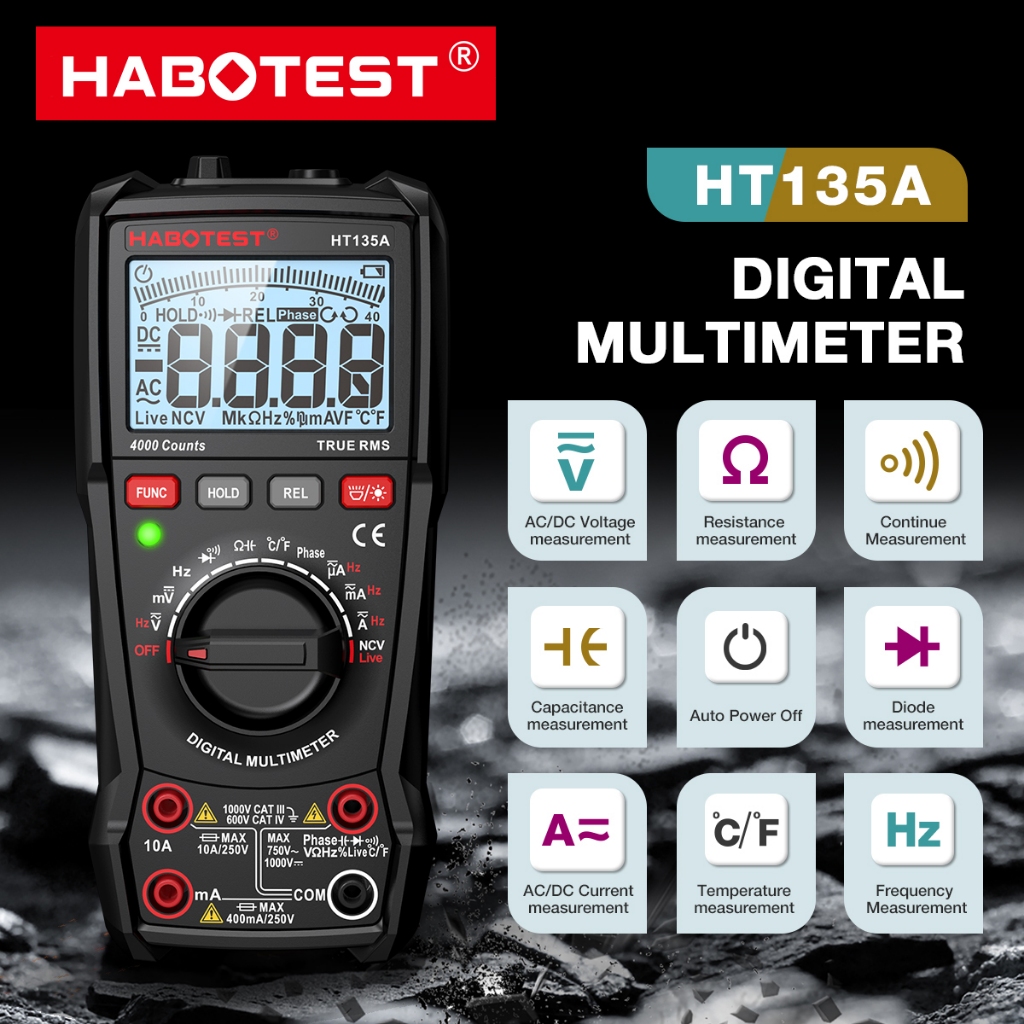HABOTEST🔥HT135 Digital Multimeter 1000V/10A AC/DC Ampere 4000 Counts T ...