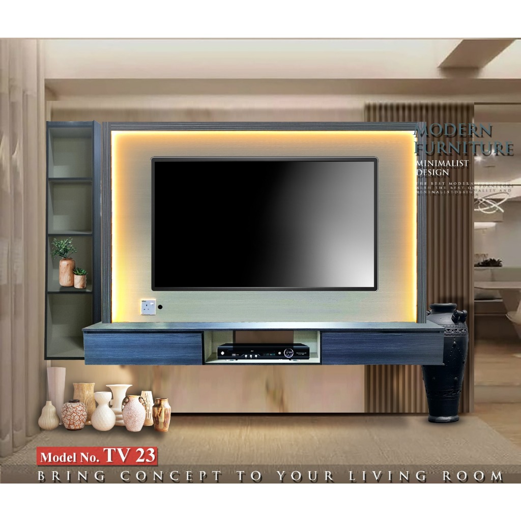 [TSB-TV23]7FT TV Cabinet with LED Light & Solid Wall/7 Kaki Kabinet TV ...