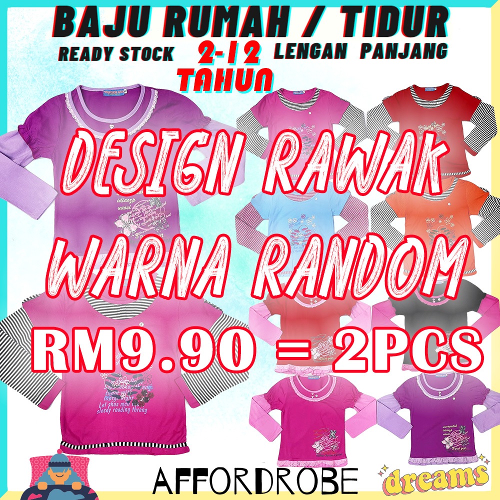 2pcs RM9.90 Muslimah 2-12tahun Baju Tidur Rumah Budak Lengan Panjang ...