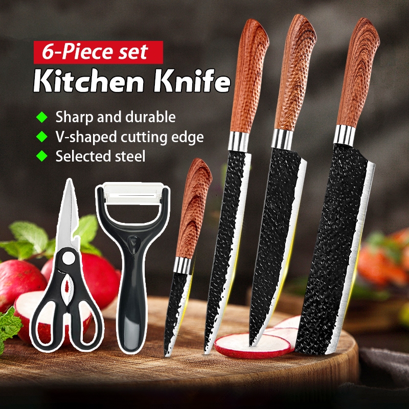 6 in 1 Black Steel Nonstick Kitchen Knife Set Dapur Pisau Gunting ...