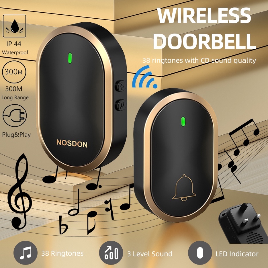 3-Pin Plug Wireless Doorbell Smart Door Bell 60 Chime 110DB 300M Long ...