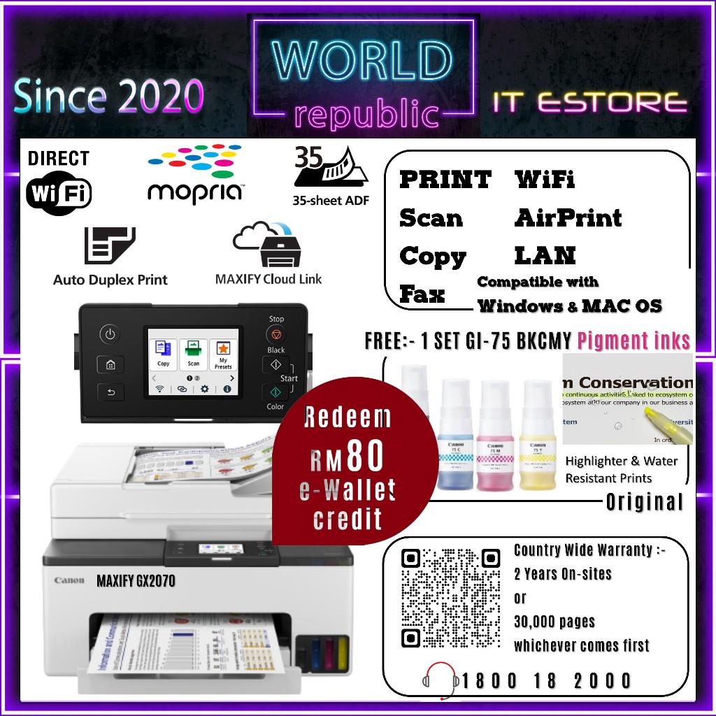 Canon MAXIFY Wireless GX2070 Printer - Print Scan Copy Fax WiFi - GI-75 ...