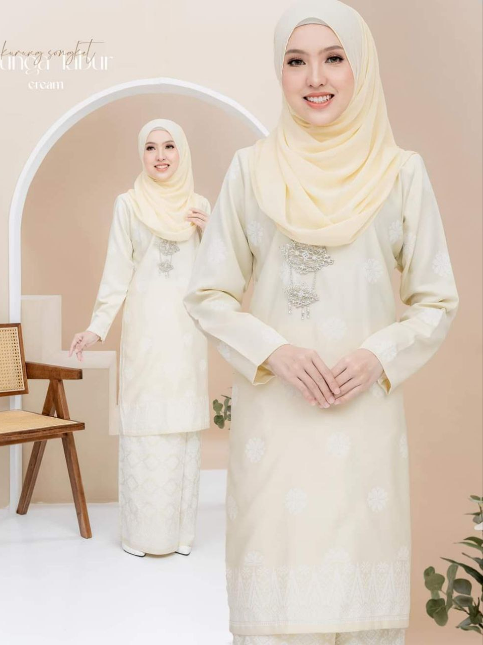 Baju Kurung Moden Songket Bunga Tabur Printed 〔 Warna Cream 〕 Set Ibu ...