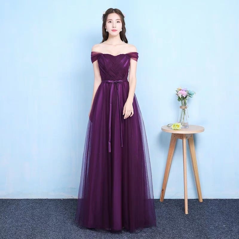 Dark Purple Mesh Long Maxi Bridesmaid Evening Dinner Dress Gown Off ...