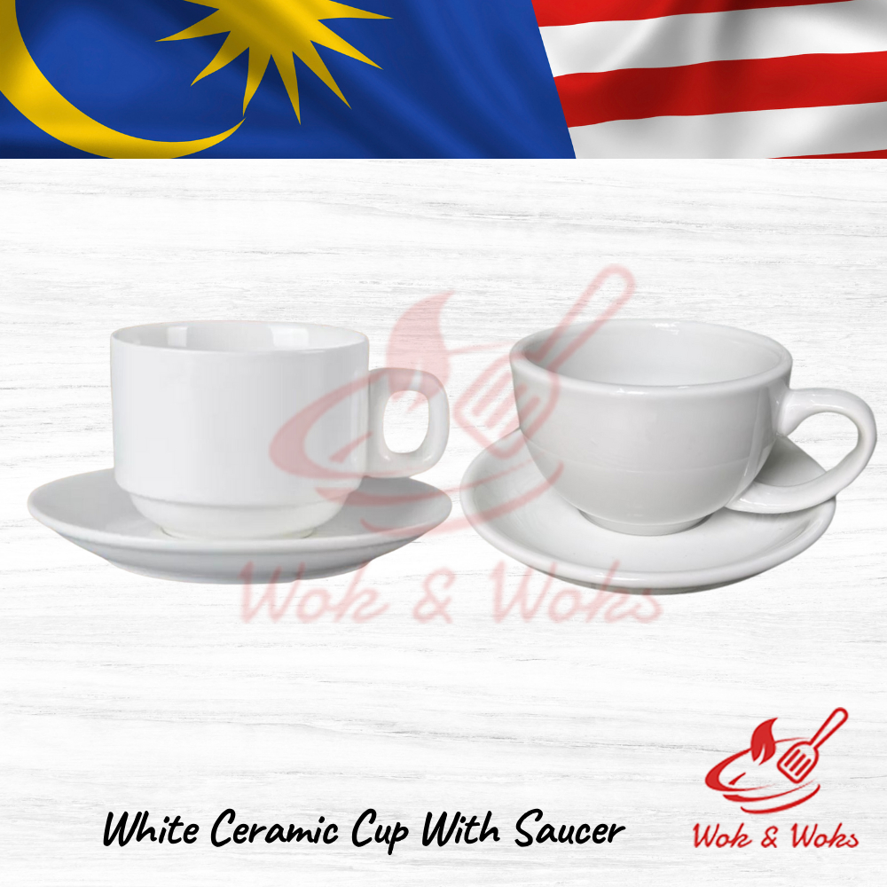 White Ceramic Coffee Cup With Saucer / Cawan Kopi Seramik Putih Dengan ...