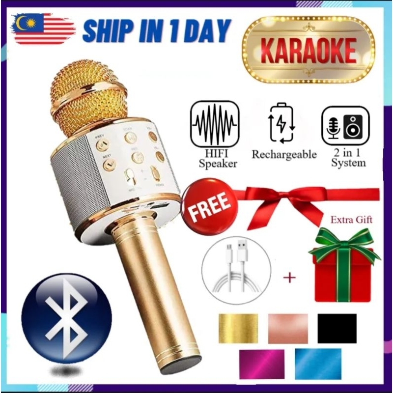(Ready stock)WS858 Wireless Bluetooth Karaoke Microphone Speaker Handheld Mic USB Player KTV ...