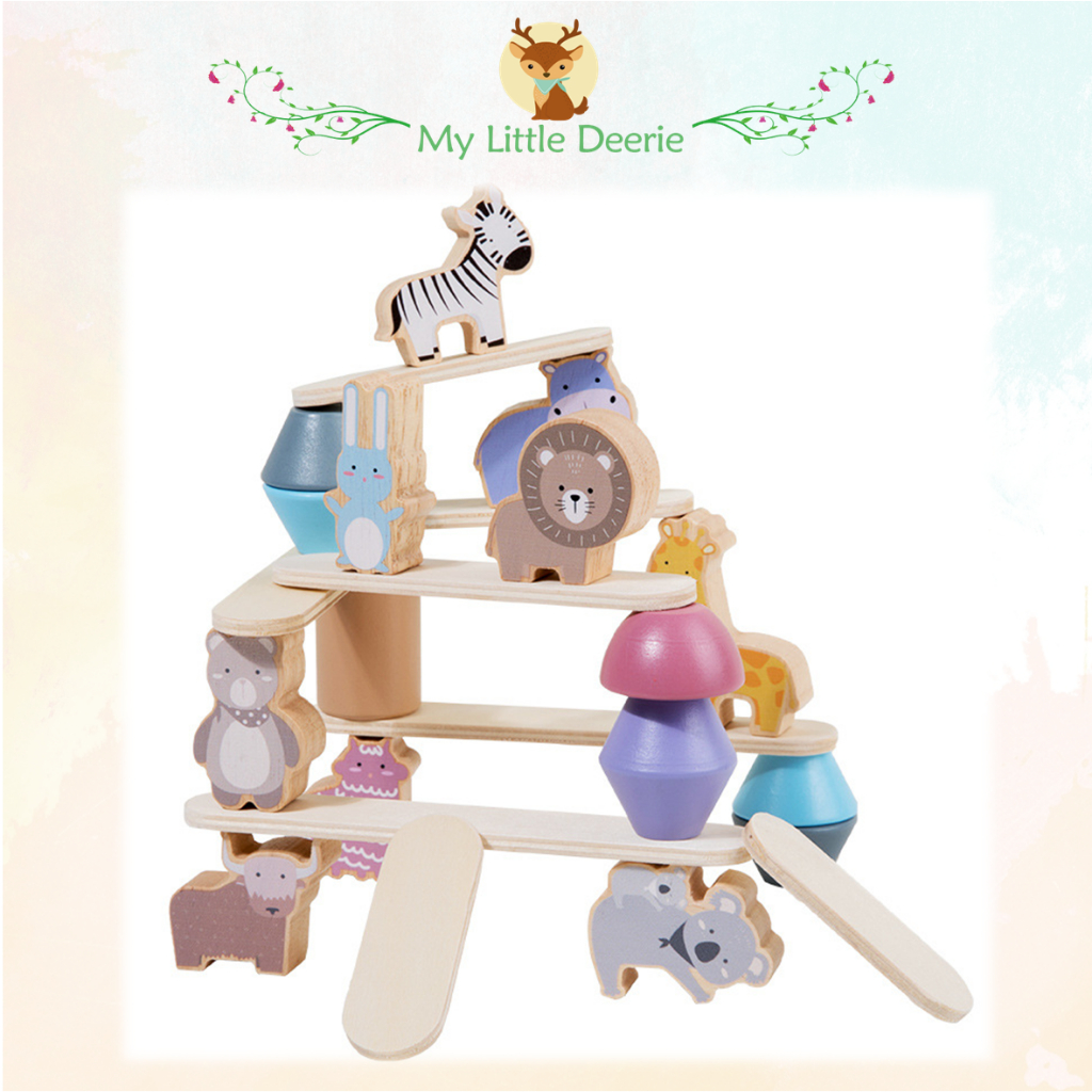 Wooden Zoo Animals Balance & Stack Geometric Building Blocks Children ...