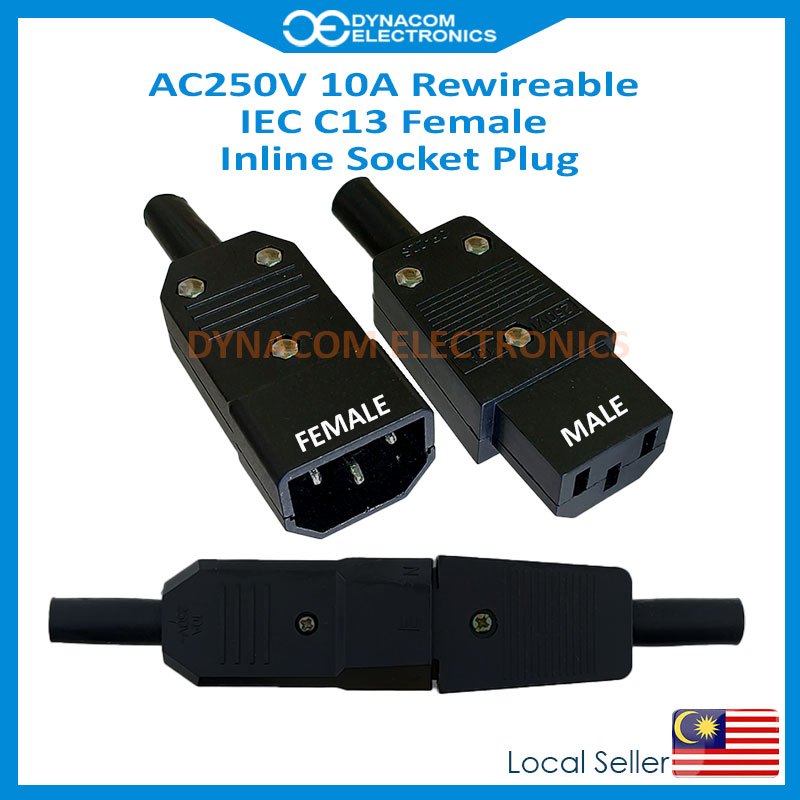 250V 10A Rewireable IEC C13 Female Inline Socket Adapter Plug [Soket Perkakas Rumah] | Shopee ...