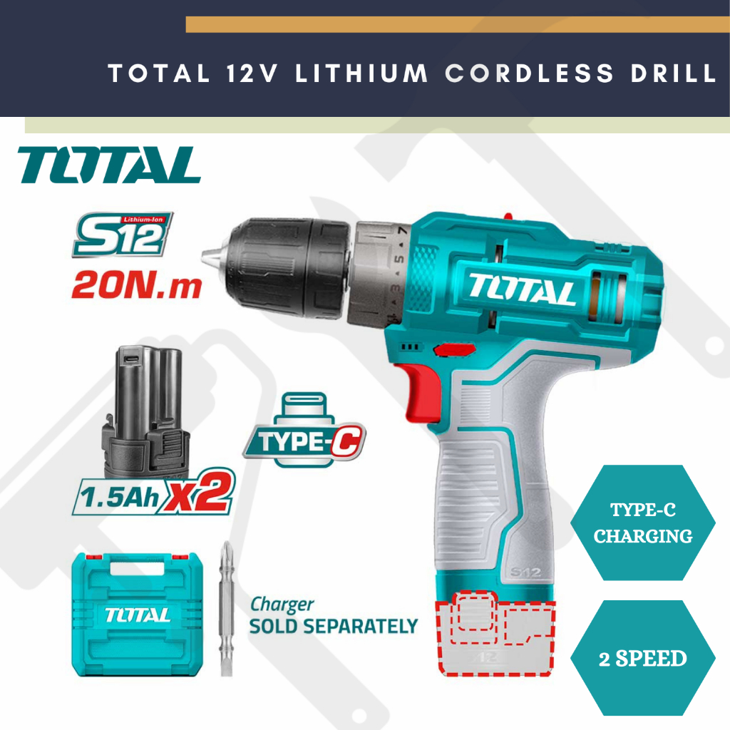 TOTAL TDLI12202 Li-ion Cordless Drill Type-C Charging 12V Cordless ...