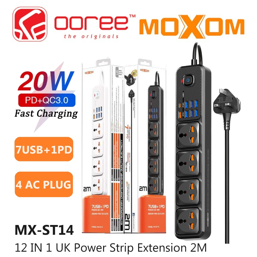 MOXOM MX-ST14 12 IN 1 POWER STRIP POWER EXTENSION SOCKET 4 AC PLUG 7 ...