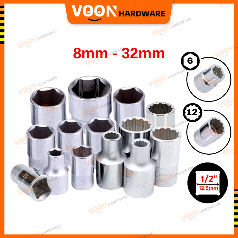 VOON 1/2” Box Socket Wrench (8mm - 32mm) Short 6 Point / 12 Point Drive ...