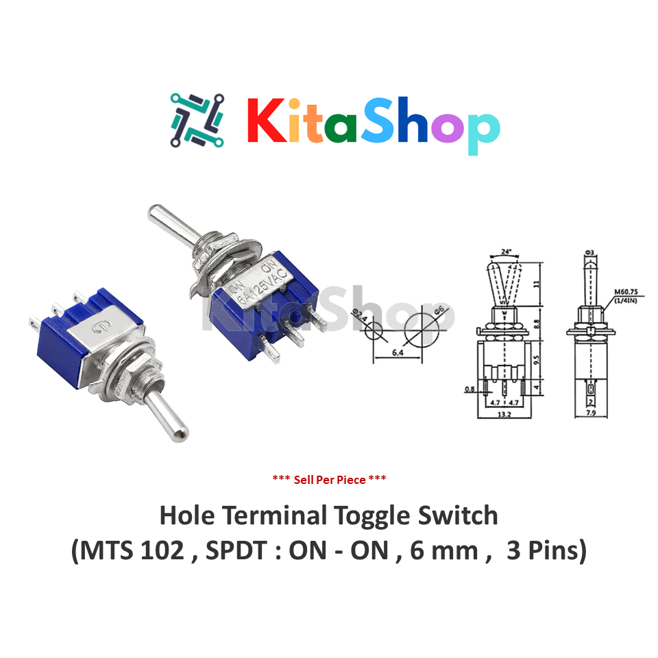Hole Terminal Toggle Switch (MTS 102 , SPDT : ON - ON , 6 mm , 3 Pins ...