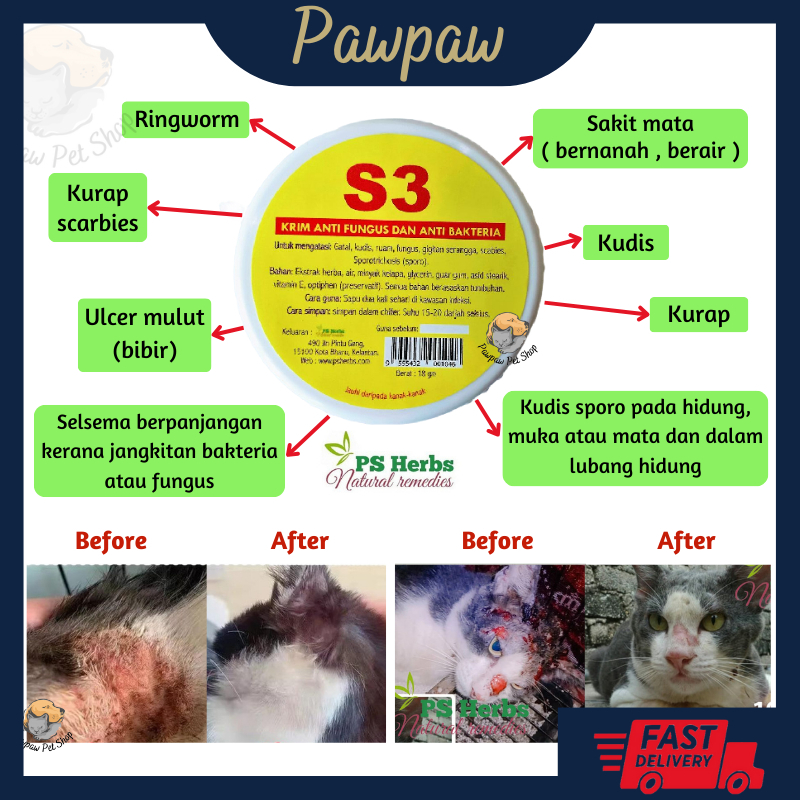 Pawpaw PS Herbs Herb Cream Krim S3 Cat Ubat Kurap Kucing Anjing Fungus ...