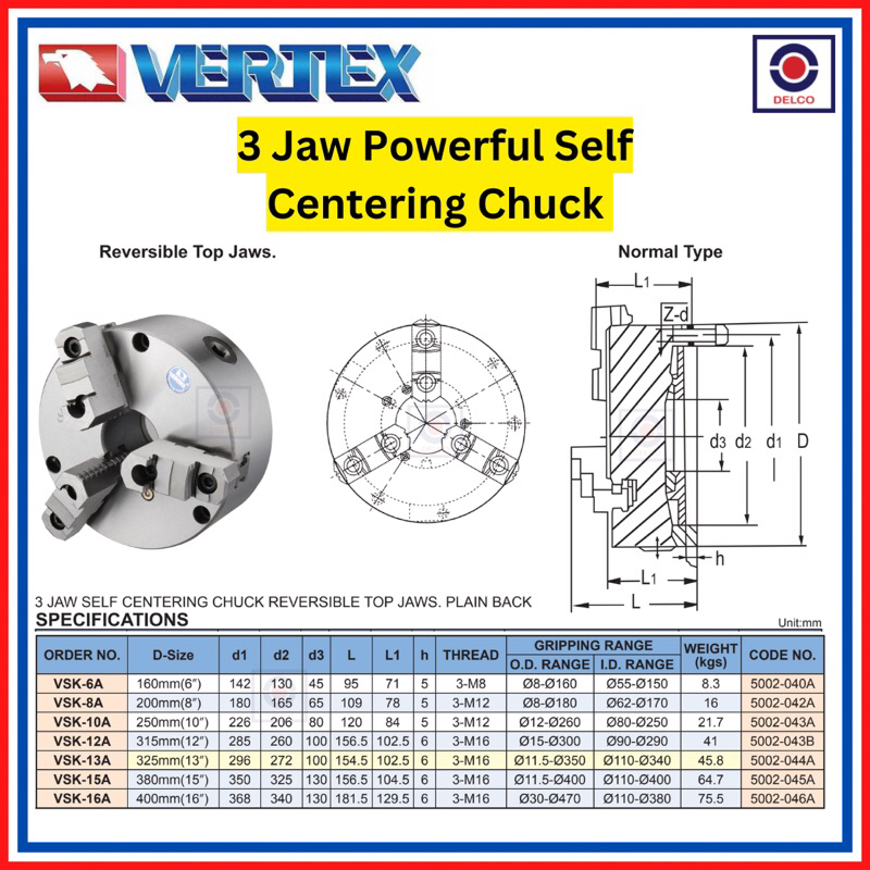 VERTEX TAIWAN VSK-6a 8a 10a 3jaw Powerful Self centering chuck plain ...