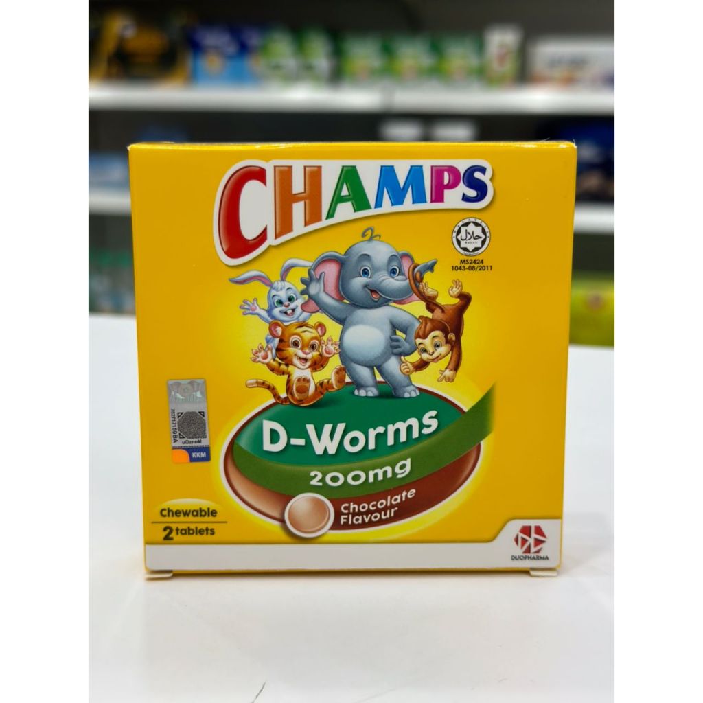 Champs D-Worms 200mg Chocolate Flavour Chewable Tablets 2’s | Shopee ...