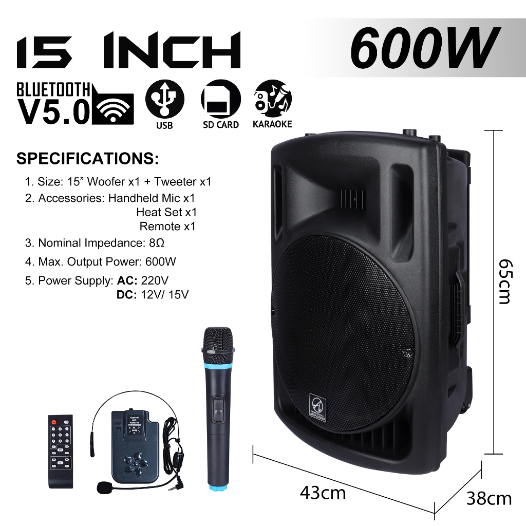 AmpAudio 12/15 Inch Portable Bluetooth Portable Speaker with Echo ...