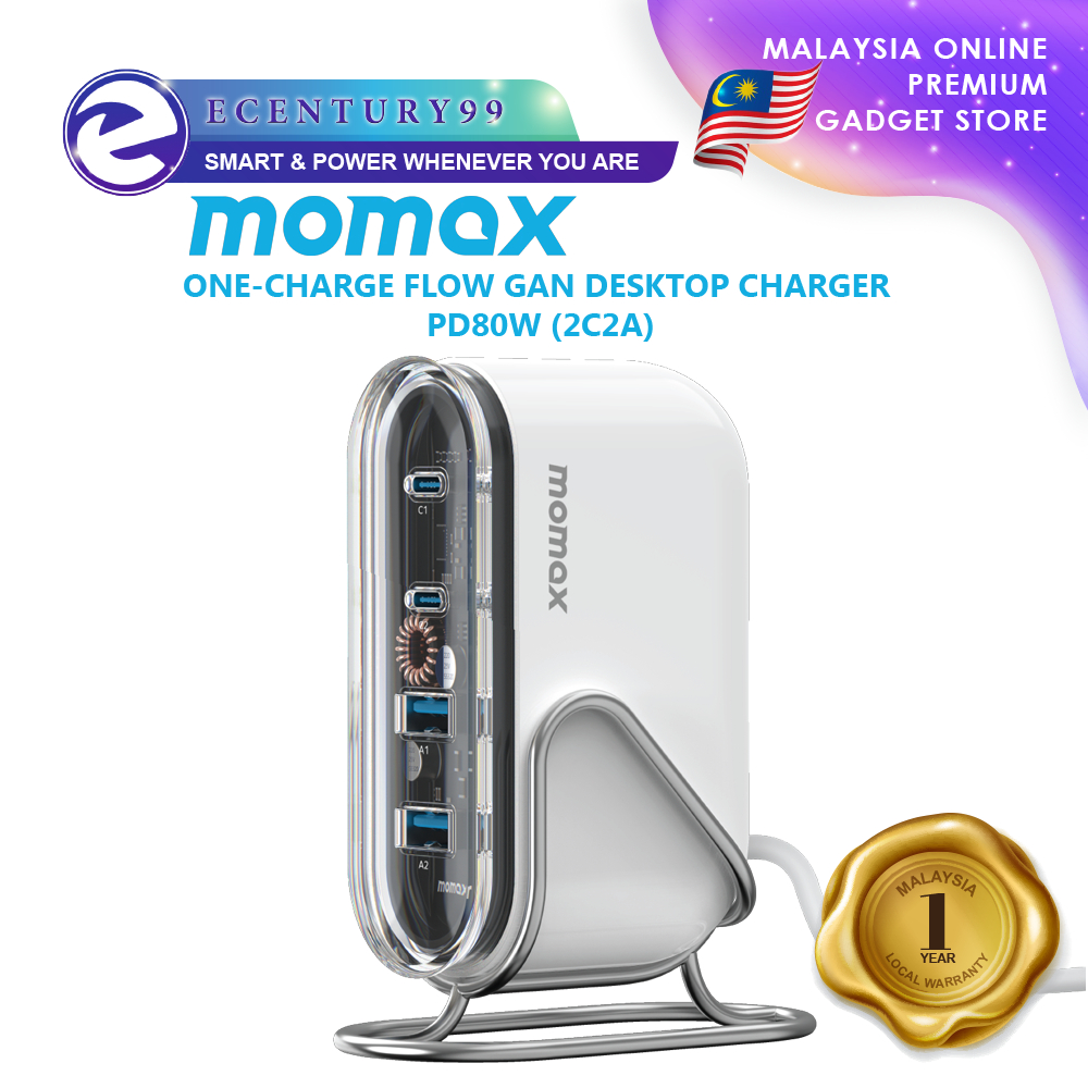 Momax UM53 1-Charge Flow 4-Port 80W GaN Desktop Charger USB-C & USB-A ...