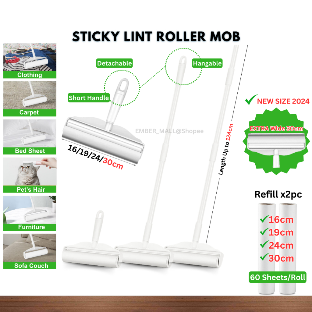 30/24/19/16cm Sticky Lint Roller Sticker Roller Refill Long Handle ...