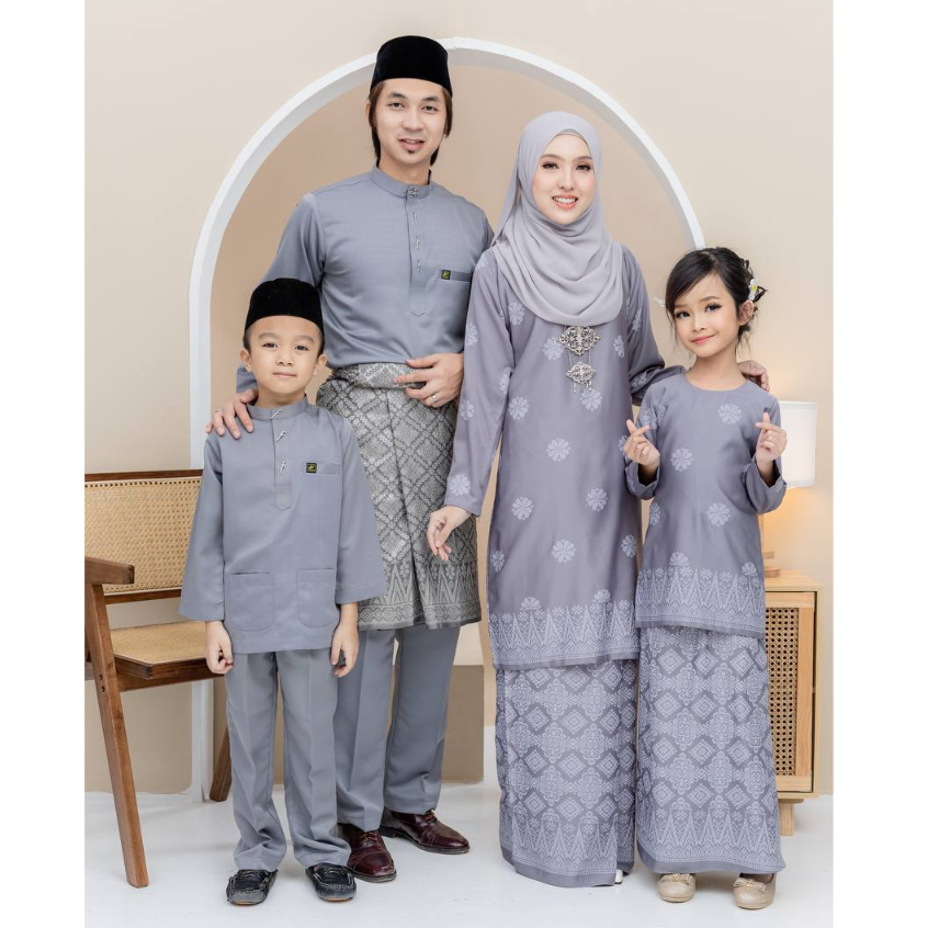 SET FAMILY GREY 〕 Baju Melayu + Kurung Moden Songket Bunga Tabur Corak ...