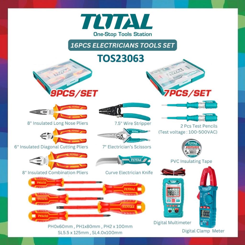 TOTAL 16 Pcs Electricians Tools Set TOS23063 VDE Insulated Hand tool ...