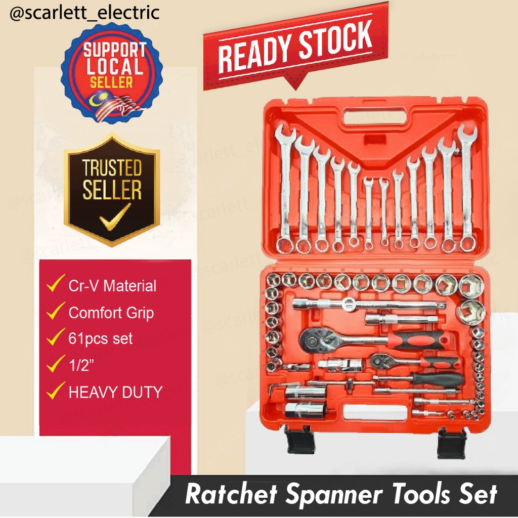 61pcs 1/2" 1/4" Heavy Duty Spanner Wrench Set Socket Ratchet ...