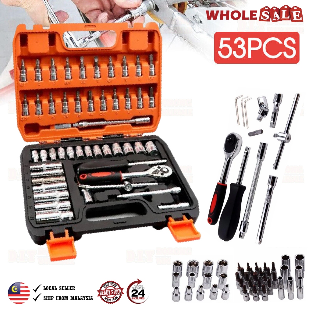 53pcs 1/4" Heavy Duty Spanner Wrench Set Socket Ratchet Combination ...