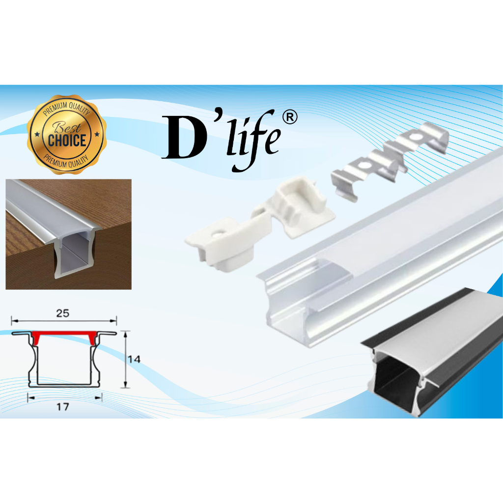 D'Life LED Casing Aluminum Silver U Channel Milky Cover Profile Track ...