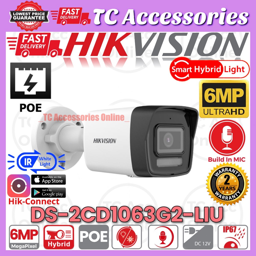 HIKVISION Network IP POE 6MP Bullet Outdoor Camera DS-2CD1063G2-LIU 3K Ultra HD Built-in Mic ...