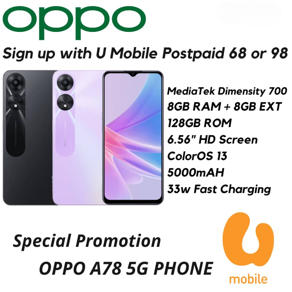 OPPO A78 (8+128GB) 5G Phone Bundle U mobile Postpaid 68 - 24 Months ...