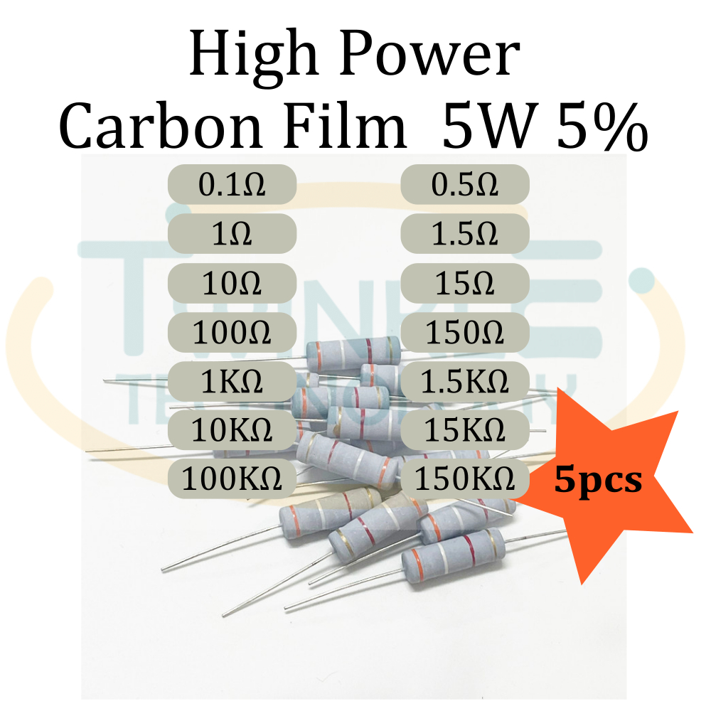 Resistor 5W High Power Carbon Film 0.1R, 0.5R, 1R, 10R, 100R, 1K, 10K, 100K, 1.5R, 15R, 150R, 1 ...