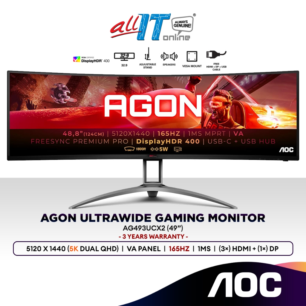 AOC AG493UCX2 AGON 49" 5K Dual QHD HDR400 165Hz UltraWide Gaming ...