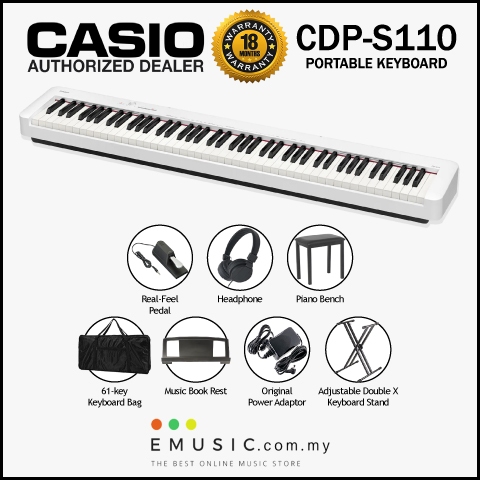 Casio CDP-S110 88 Key Digital Piano Musician Package With Carrying Bad and Stand - White ...