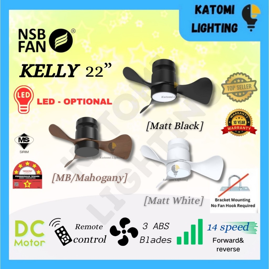NSB Cupid 22" Kelly 22" mini ceiling fan DC motor White Black 3 blade ...