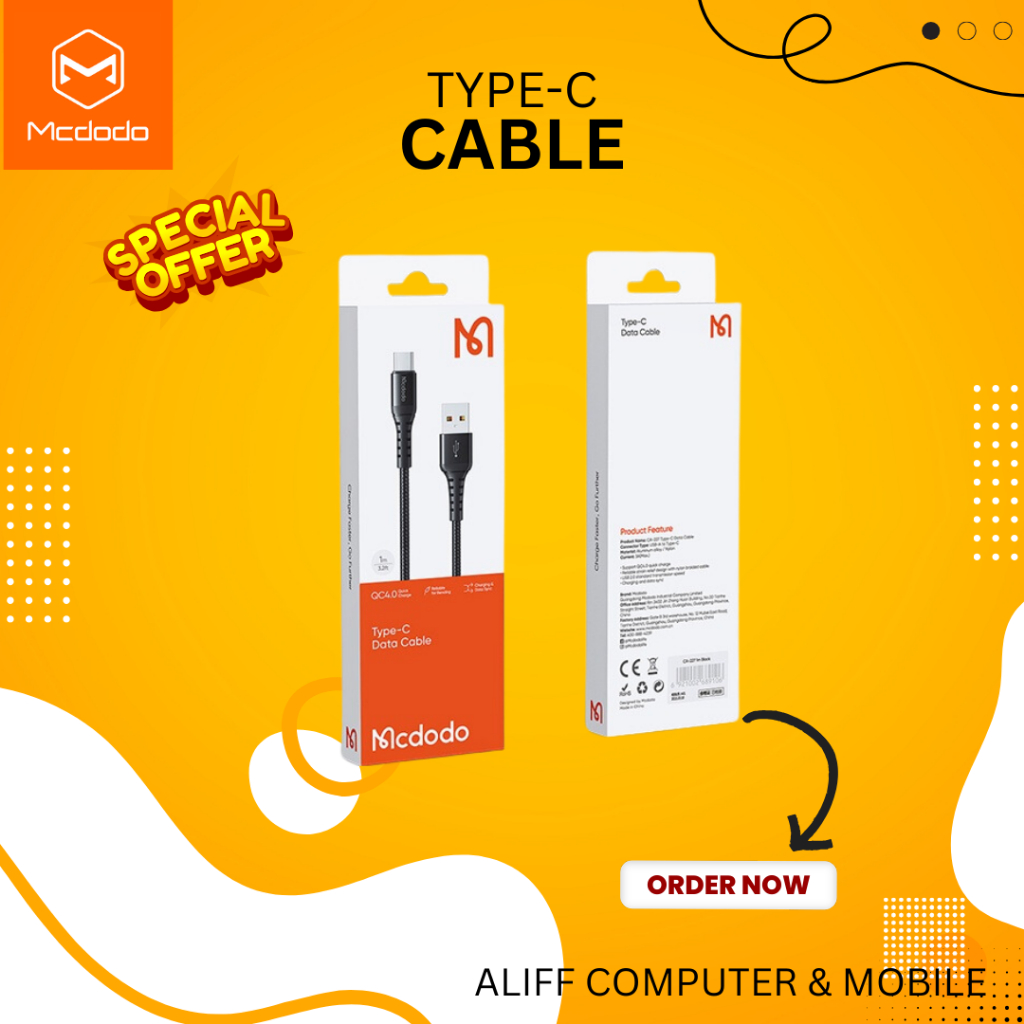 MCDODO TYPE-C CABLE / QC4.0 / RELIABLE FOE BENDING / 1M CABLE | Shopee ...