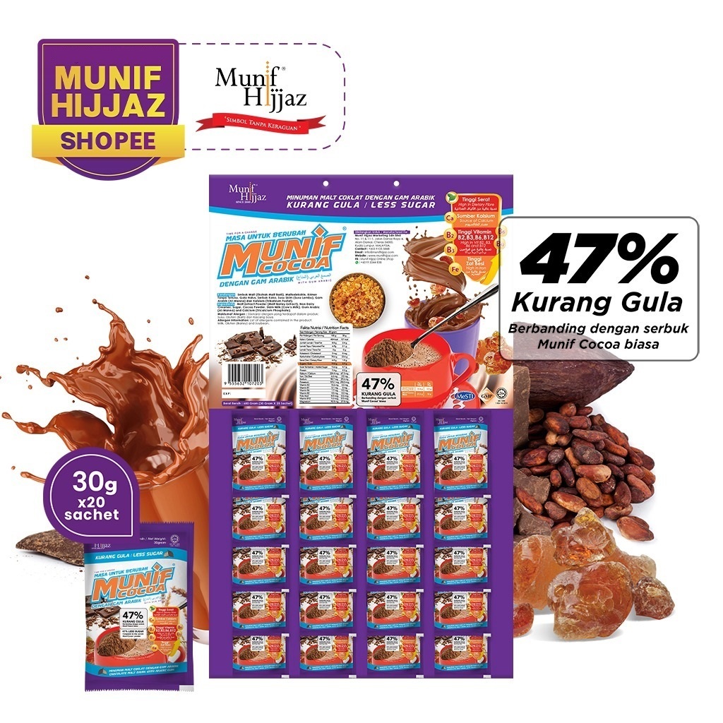 PRODUK BARU | Munif Cocoa Arabic Gum 47% Kurang Gula Papan (30G x 20 ...
