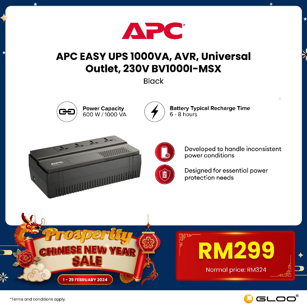 APC BV1000I-MSX EASY UPS 1000VA, AVR, UNIVERSAL OUTLET, 230V - Black | Shopee Malaysia