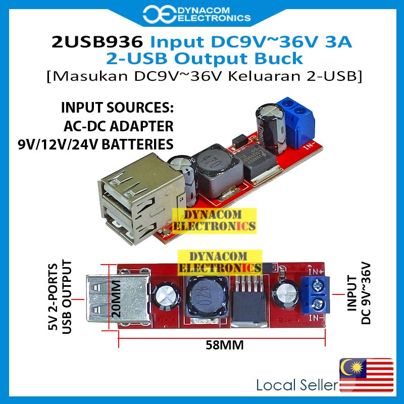 DC9V/12V/15V/24V/36V 3A Convert to 2-USB Ports 5V Output Power Module ...
