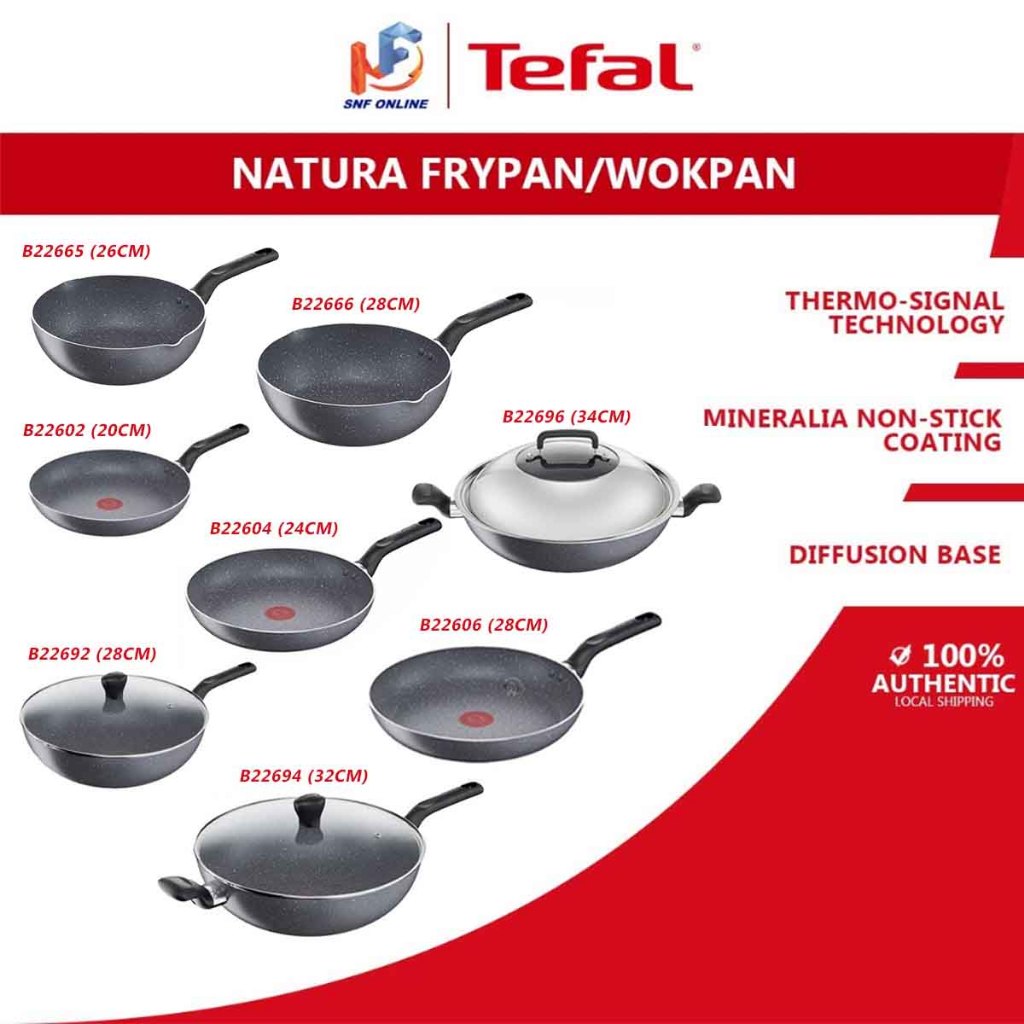 Tefal Cookware Natura Frypan Pan Non-Stick 20cm / 24cm / 26cm / 28cm / 32cm / 34cm B22602 B22606 ...