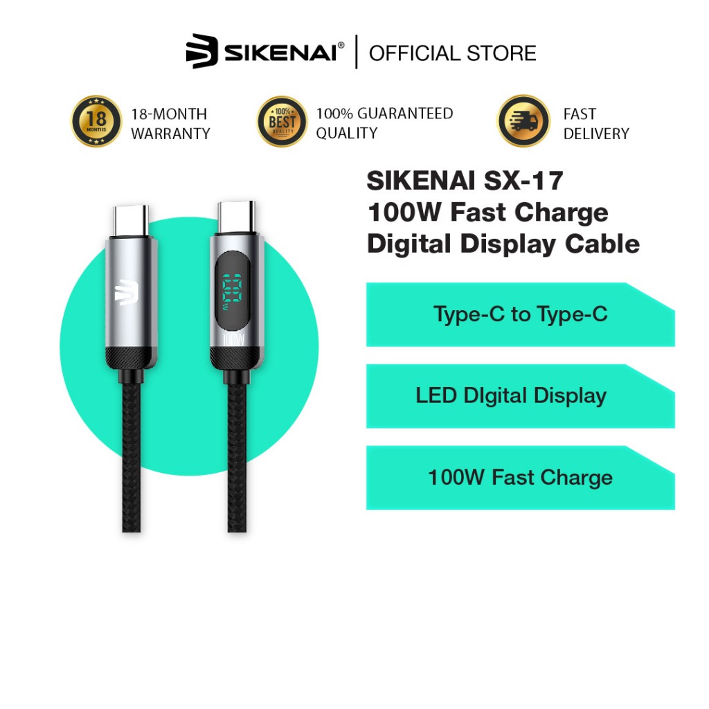 SIKENAI SX-17 Type-C to Type-C 100W Fast Charging Real-Time Power Monitoring Digital Display ...