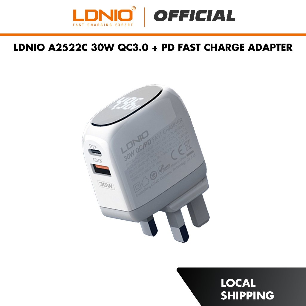 LDNIO A2522C 30W Super Charge PD QC3.0 UK Plug Charger Digital Display ...