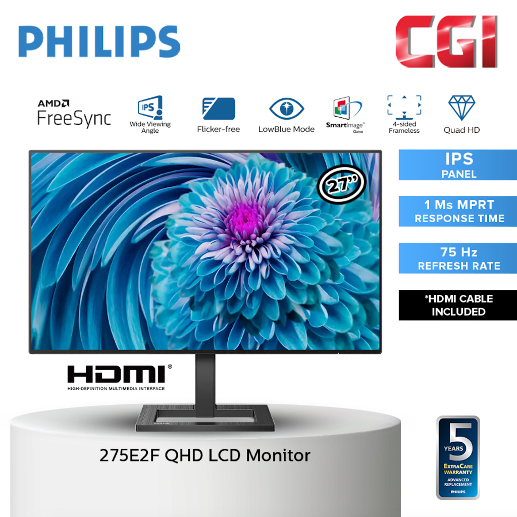Philips 27" 275E2F IPS QHD 75Hz 1ms AMD Freesync Frameless Monitor ...