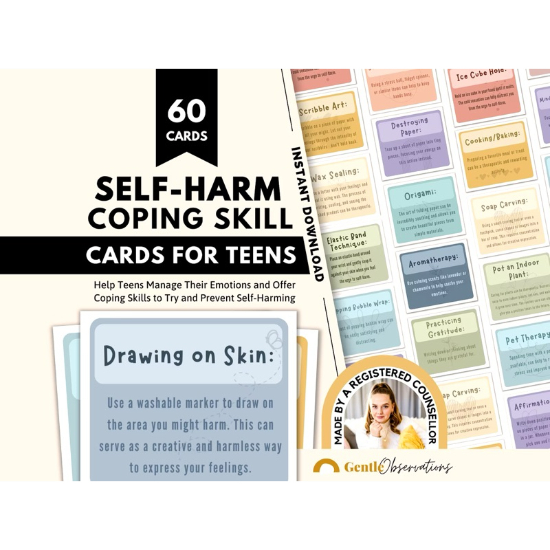Self-Harm Coping Skill Cards For Teen Mental Health Worksheets, Teen ...