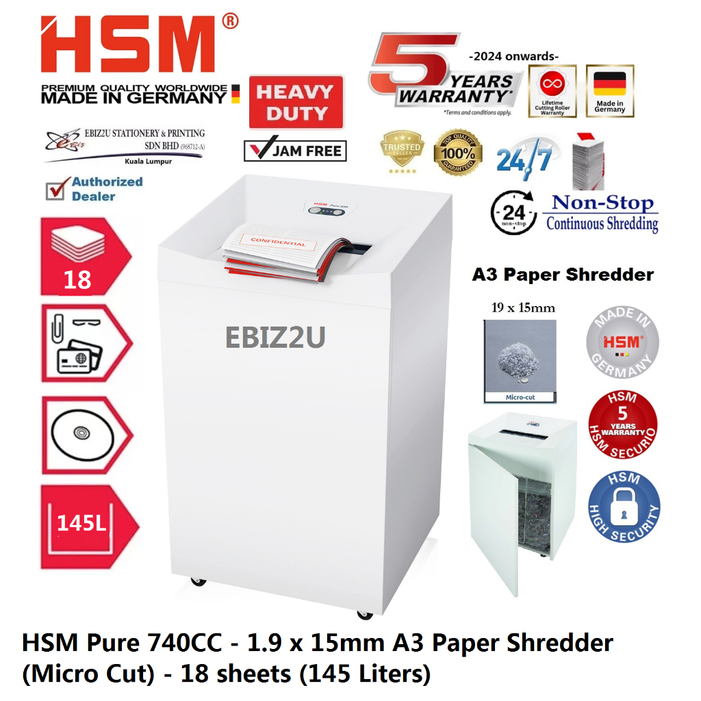 HSM Pure 740CC - 1.9 x 15mm A3 Paper Shredder (Micro Cut) - 18 sheets ...