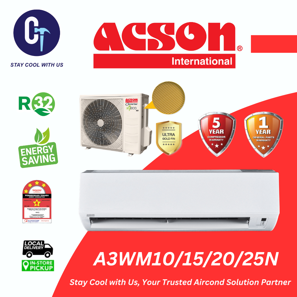 ACSON R32 - A3WM Non Inverter / Inverter 5 AVO Series Air Conditioner (1.0HP~2.5HP) | Shopee ...